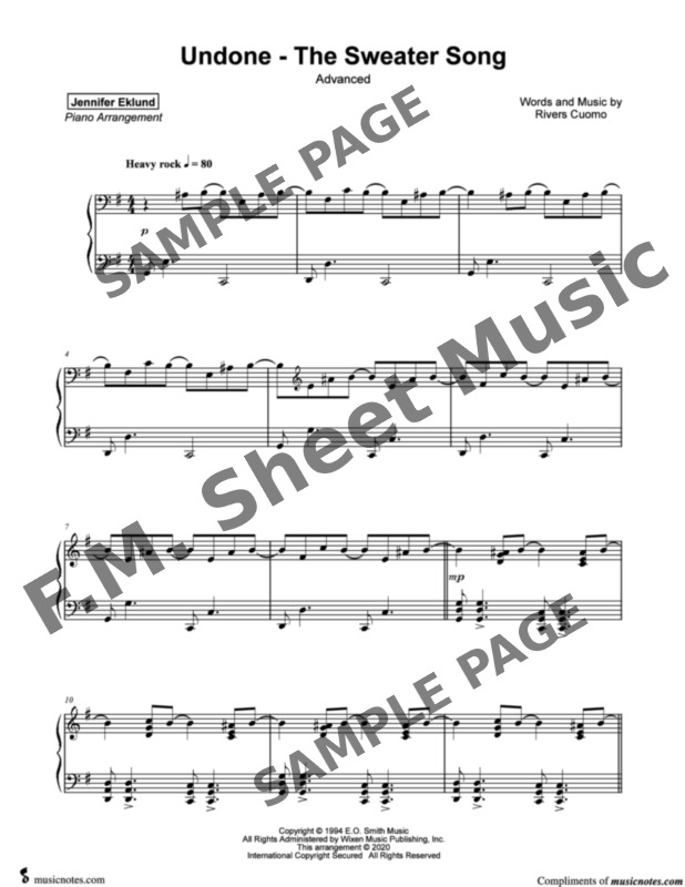 Undone (The Sweater Song) (Advanced Piano) By Weezer - F.M. Sheet Music - Pop Arrangements by ...
